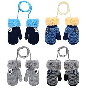 MarJunSep 4-Pack Winter Warm Fuzzy Fleece Baby Mitten Gloves Full Fingers with String for Infant Toddler Girls Boys 6 Months - 3 Years B-Pack