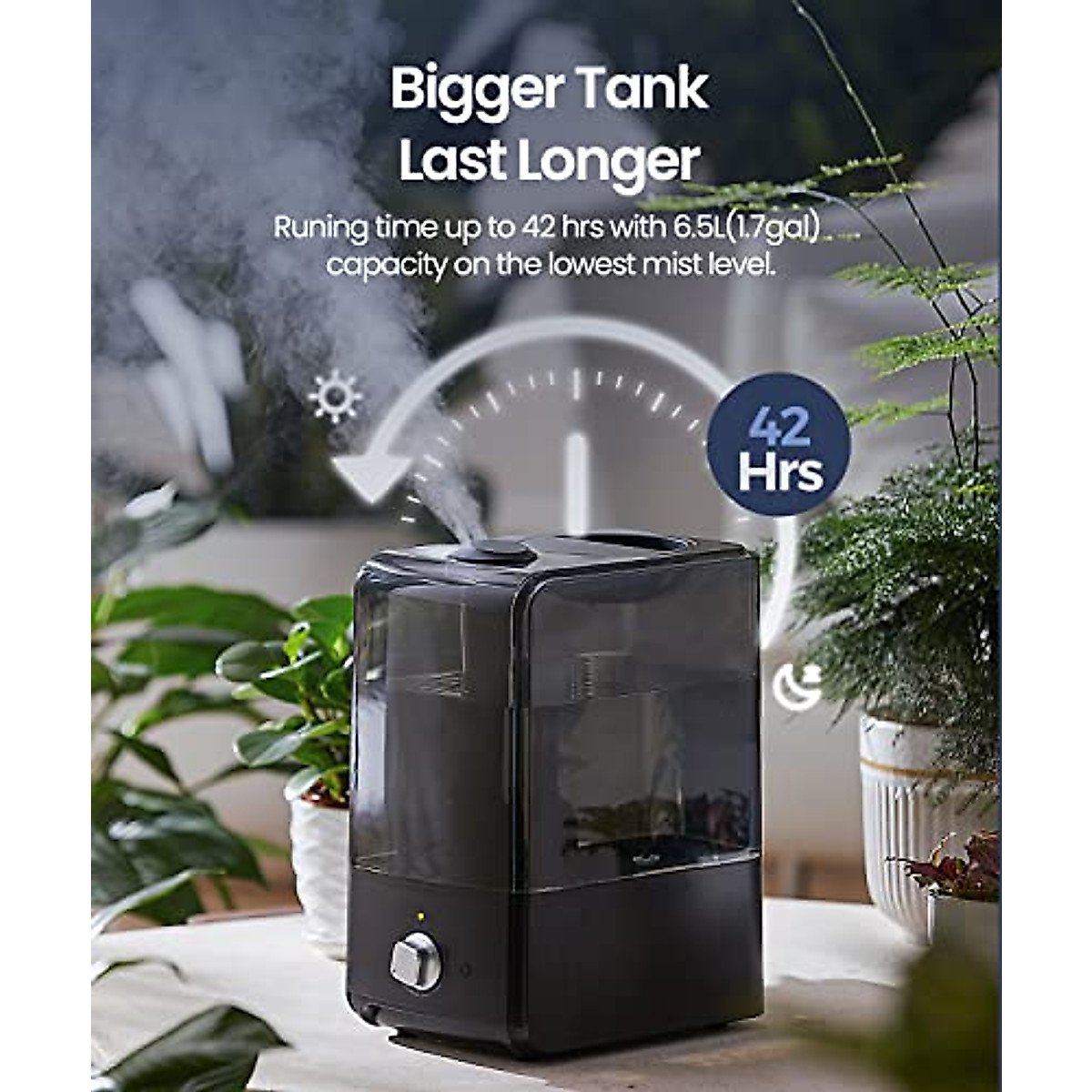 raydrop Humidifiers for Bedroom (6.5L), Ultrasonic Cool Mist Humidifiers for Large Room, Home, Plant, Quiet Air Vaporizer with Night Light, Easy to Clean, 42h Work Time, Auto Shut-Off (Black)