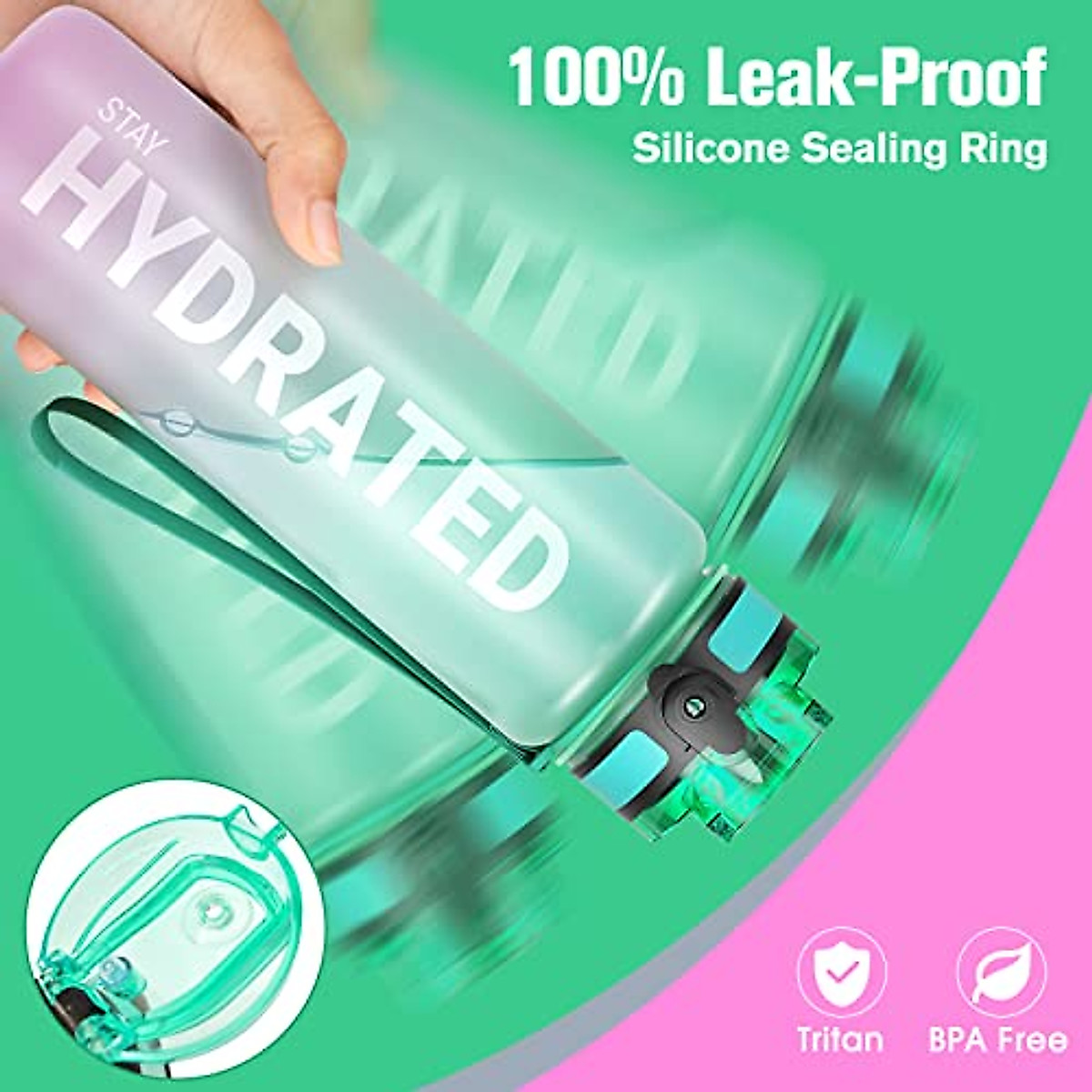 Sahara Sailor Water Bottles, 32oz Motivational Sports Water Bottle with Time Marker - Times to Drink - Tritan, BPA Free, Wide Mouth Leakproof, Fast Flow Technology with Clean Brush (1 Pack)