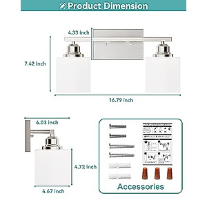 Sailstar 2-Light Bathroom Light Fixtures Over Mirror, Brushed Nickel Vanity Lights, Modern Bathroom Vanity Light, Glass Shade & Anti-Rust Nickel Finished, Bathroom Light for Small Space