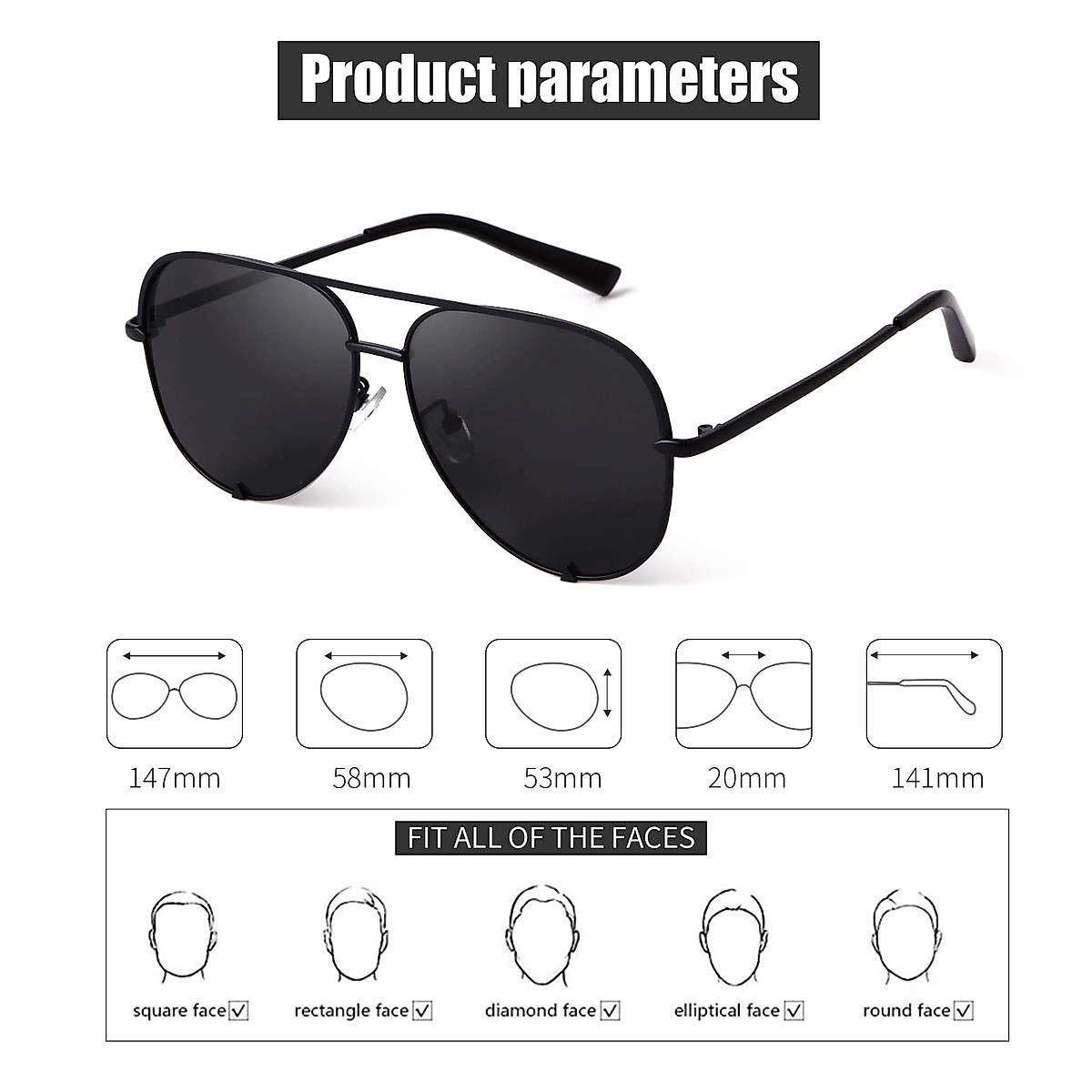 SORVINO Aviator Sunglasses for Women Classic Oversized Sun Glasses UV400 Protection（Black/Black