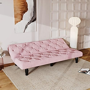 Anwickmak Velvet Convertible Futon Sofa Bed, Mid Century Green Fabric Couch, Sleeper Loveseat with Golden Metal Legs, Couches for Small Spaces (Pink)