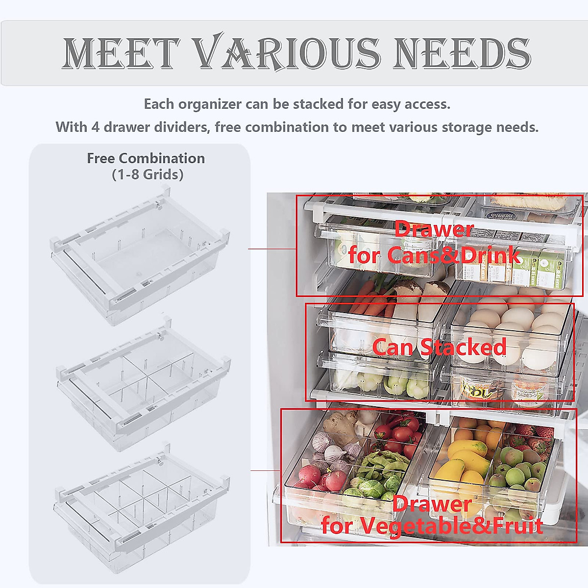 Refrigerator Organizer Bins - Clear Plastic Container Drawer for Egg Vegetable Fruit Snack Drink Food, Home Essentials Organization and Storage for Fridge Kitchen Cabinet Pantry Freezer