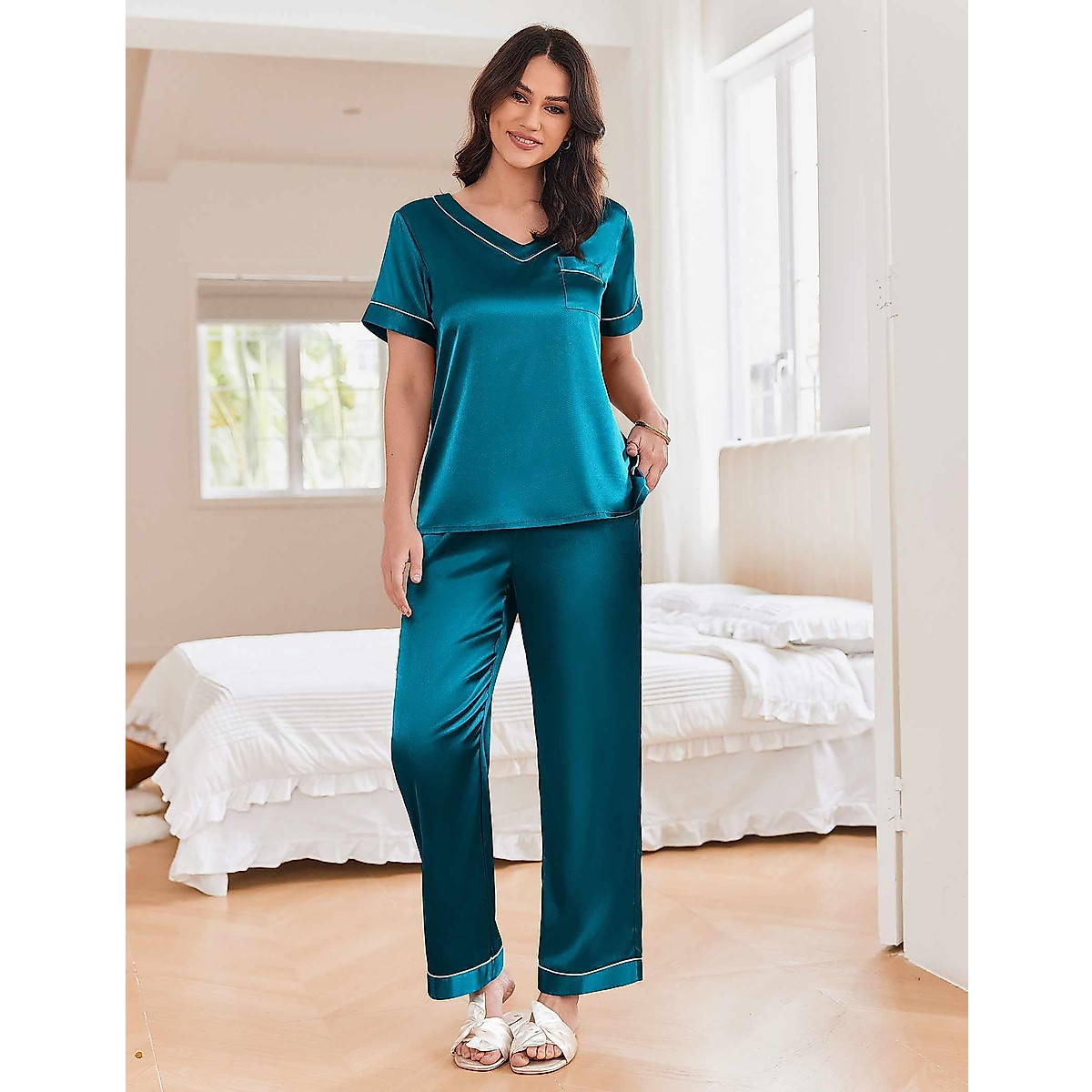 Ekouaer Womens Silky Pajamas Set Satin Pj Set Short Sleeve Top and Long Pant Pajama Set Two Piece Sleep Set Silky Sleepwear Nightwear Blue