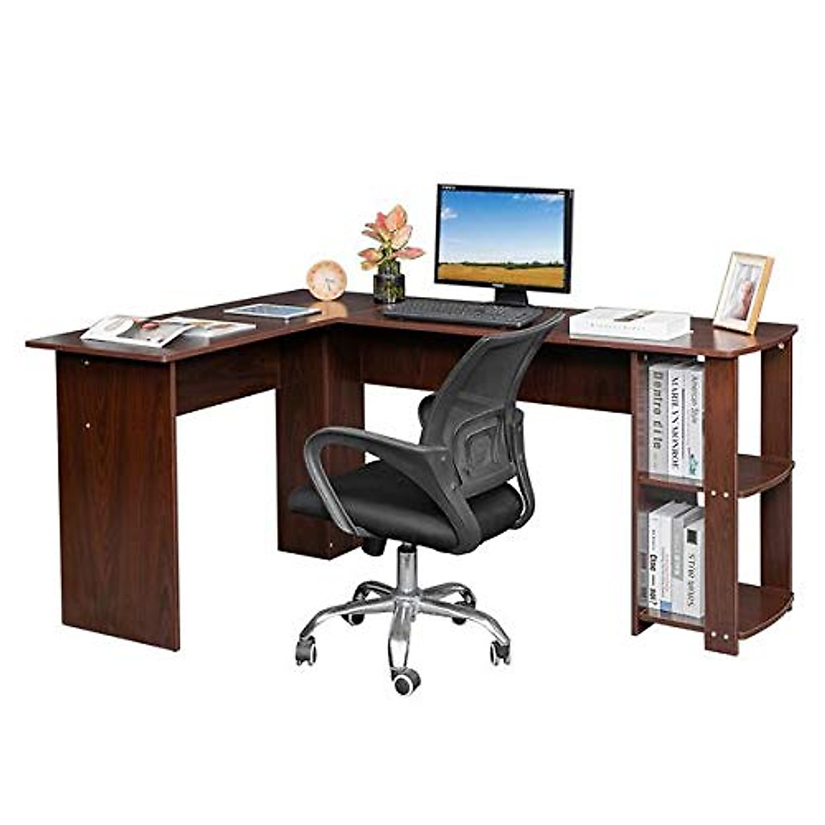 INXXCOROO Basyll L-Shaped Corner Desk Home Office Workstation with Hutch Bookshelves - Sturdy Wooden Computer Table for Laptop and Study