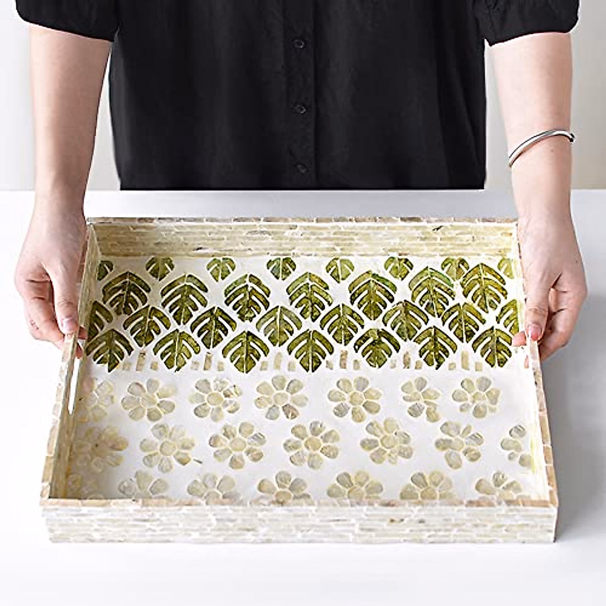 14 Inch Green Beige Mother of Pearl Tray, Large Lacquer Serving Tray with Handles and 2 Inch Wall, Square Shell Ottoman Coffee Table Tray, Decorative Bone Inlay Tray for Food, Accent, S, I-lan (35cm)