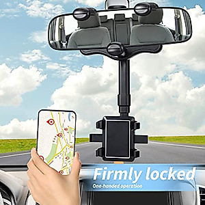 Rearview Mirror Phone Holder for Car, Universal 360° Rotating Rear View Mirror Phone Mount with Adjustable Arm Length, 8 Mask Holder for Car Multifunctional Phone and GPS Holder for Most Smartphones