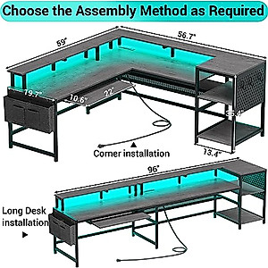 SEDETA L Shaped Gaming Desk, Home Office Desk or Corner Desk, L Shaped Desk with Power Outlets & LED Strip, Monitor Stand, Keyboard Tray, Pegboard and Storage Shelves, Grey