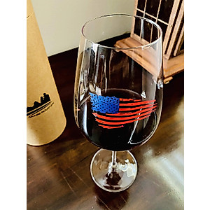 American Flag Long Stem Red Wine Glasses, Set of 2 Tall 20.5 oz Bordeaux Style Delivered in Custom Round Gift Box, Ideal Patriotic Gift, 4th of July Independence Day, Wedding Gift.