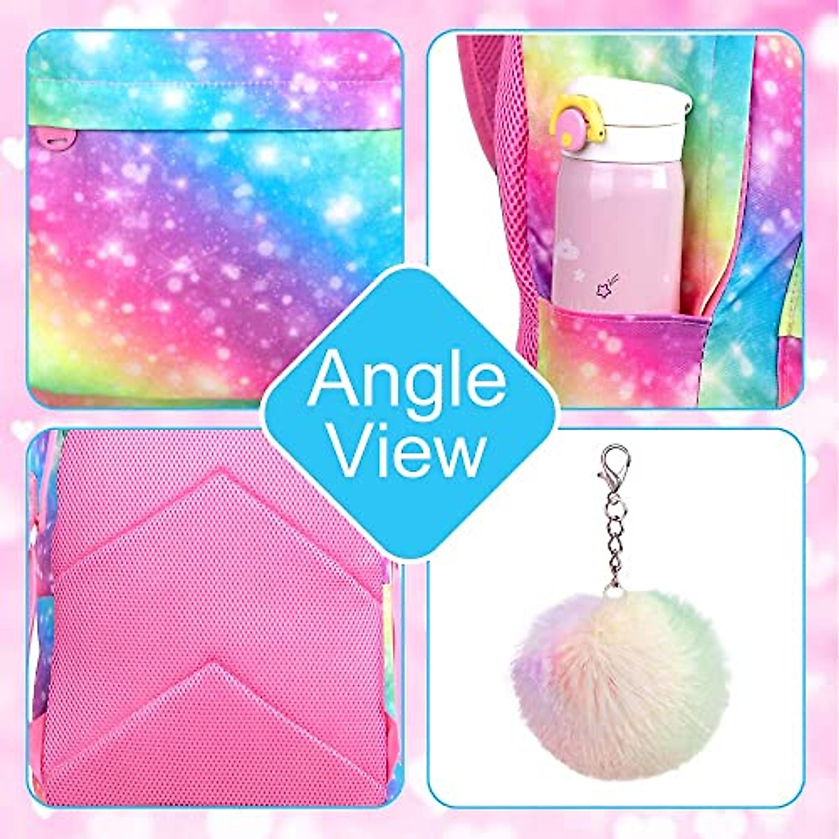 3PCS Girls Backpack, Kids Rainbow Preschool Bookbag and Lunch Box, Elementary Kindergarten School Bag