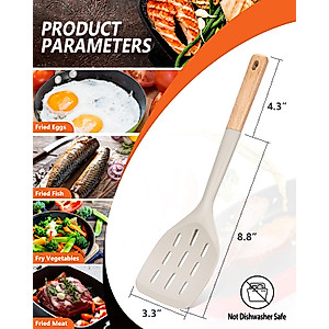 Pack of 2 Silicone Spatula, Non Stick Cooking Utensil Set Wooden Handle Kitchen Turner for Baking Mixing Grilling Serving Food Heat Resistant Non Scratch Hooks Included (Khaki)