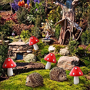 Queekay Fairy Outdoor Garden Animals Figurines Outdoor Fairy Wild Garden Accessories Resin Hedgehogs and Wood Mushroom Miniature Garden for Plant Pots Bonsai Craft Decor Fairy Wild Garden Supplies