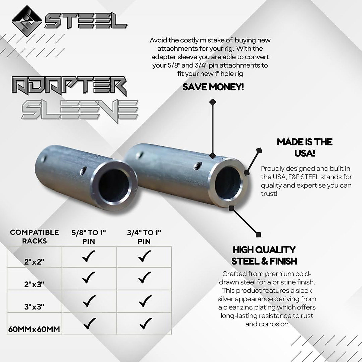 F&F STEEL Power Rack Attachment Pin Adapter Sleeve - 5/8" to 1" - Universal Fitment on Standard 2"x2", 3"x2", and 3"x3" Power Racks, Cages, & Rigs