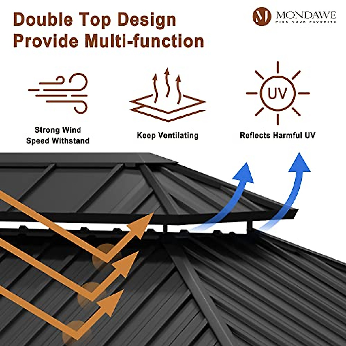 MONDAWE Cedar Wood 10x12Ft Hardtop Gazebo with Curtains, Rectangular Outdoor Permanent Gazebo Pergola with Galvanized Steel Double Roof Pavilion for Patio Lawn Garden