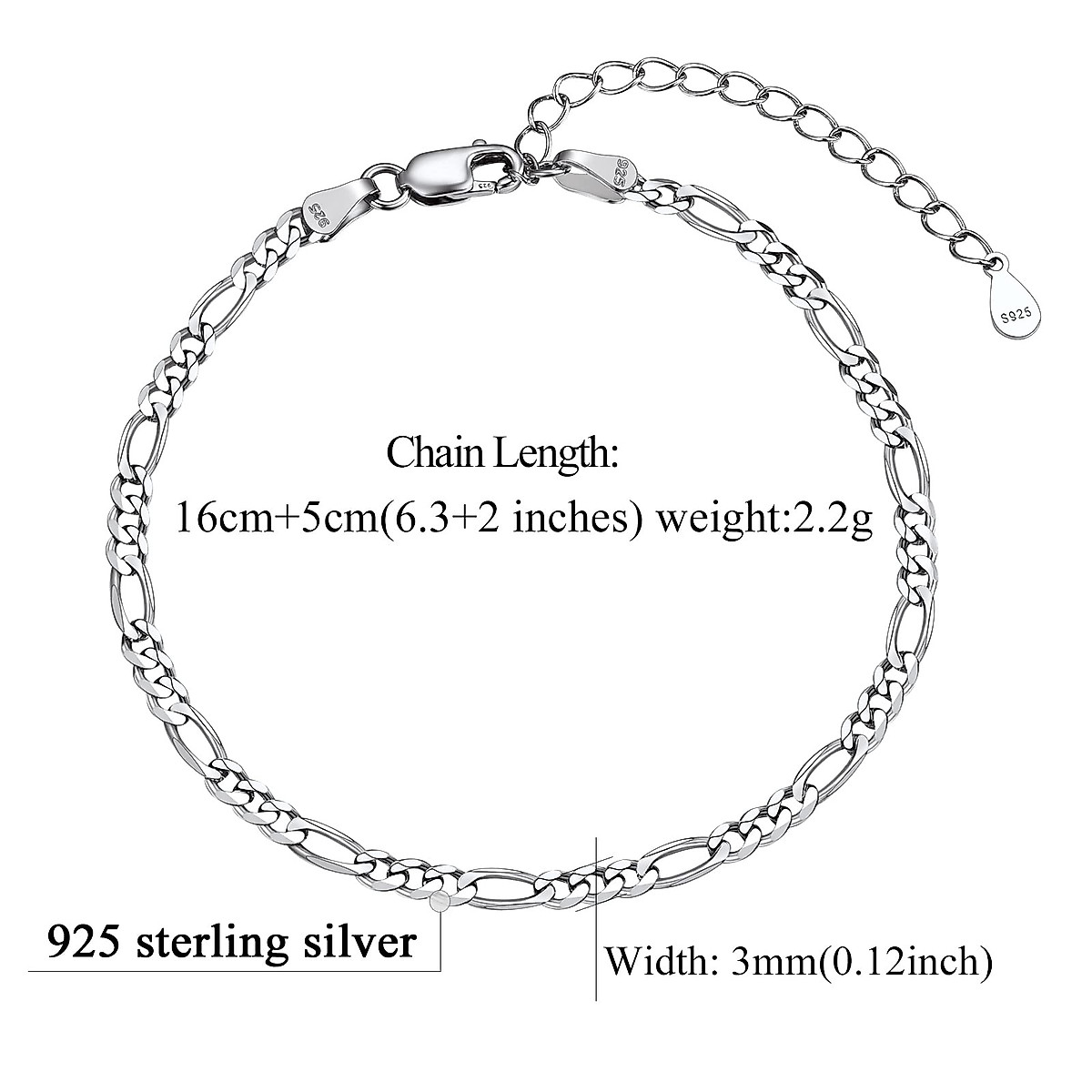 Silver Bracelets for Women Thin Simple Figaro Link Chain Bracelets 925 Sterling Silver 3MM Layering Wrist Chain Everyday Jewelry