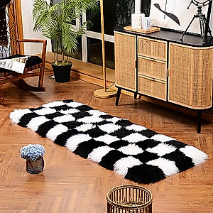 LLB Premium Sheepskin Rug Fluffy Plaid Rug 72 x 24 Inches Black and White Check Luxury Wool Rug for Bedroom Living Room (Black & White Plaid, 24''x72'')