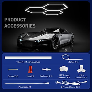 MODERN Hexagon LED Garage Light, Super Bright 105W 12600LM 65000K Daylight White LED Car Garage Light, 3 Hexagonal Grids for Garage, Shopping Mall, Workshop and Car Detailing etc.