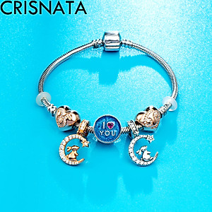 Dangle Bunny on Crescent Moon Star Charms, Fit Pandora Easter Bracelet Animal Necklace, 925 Sterling Silver Rabbit Pendant Beads with Sparkling CZ, Gift for Birthday/Wife