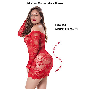 LINGERLOVE Plus Size Women's Sexy Babydoll Dress Lingerie Floral Lace Off Shoulder Chemise Sleepwear Red