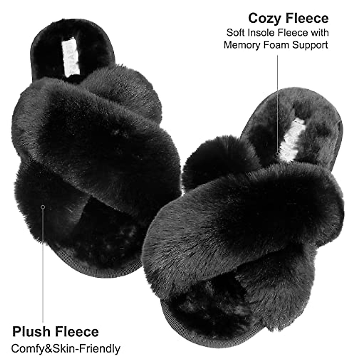 JIASUQI Cross Open Toe Fuzzy Fluffy House Slippers for Women Cozy Memory Foam Plush Criss Cross Furry Slides Slippers Black 8-9
