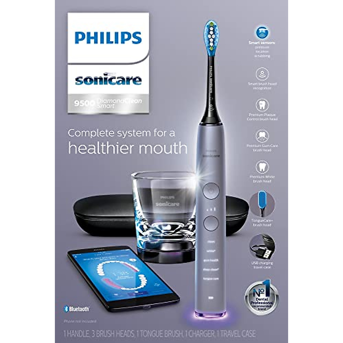 Philips Sonicare DiamondClean Smart 9500 Rechargeable Electric Power Toothbrush, Grey, HX9924/41