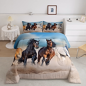 Feelyou Horse Bedding Set Twin Size Six Running Wild Horses Comforter Set for Kids Toddler Boys 2 Piece Farm Animal Comforter Ultra Soft Warmth Breathable Quilted Duvet Set for Home Decoration