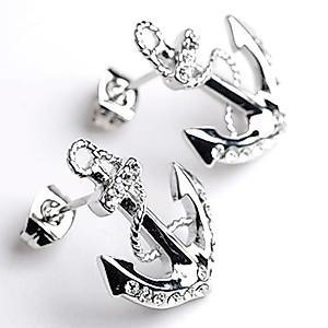 FC JORY White Gold GP Silver Diamante Crystal Anchor Women Earrings Studs