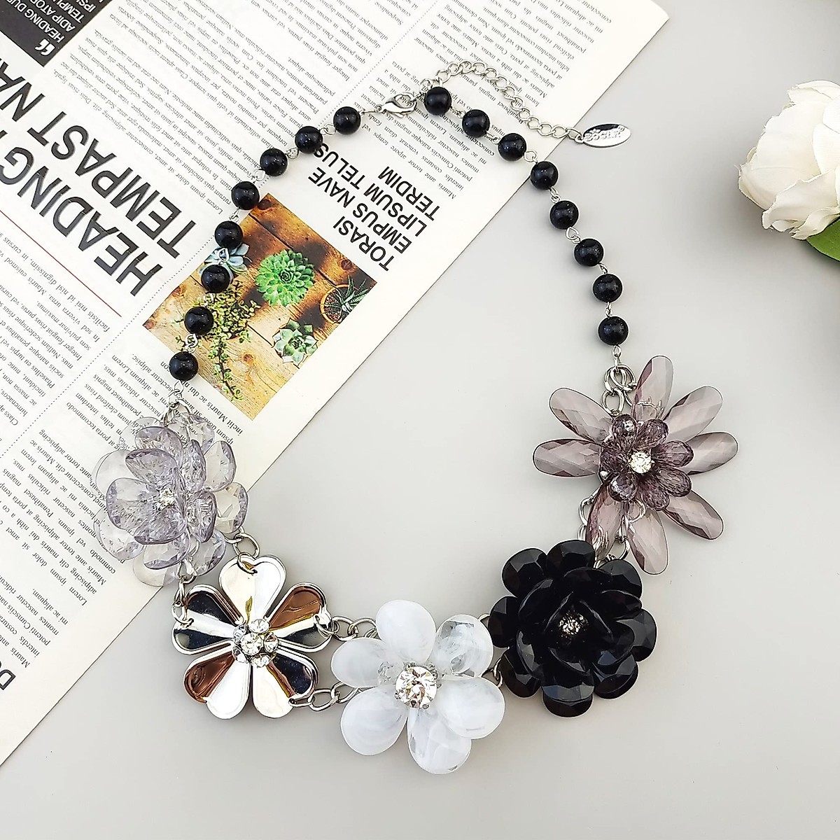 Bocar 5 Flower Braided Crystal Statement Chunky Necklace Bib Collar Pearl Jewelry for Women (NK-10127-black)