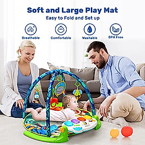 HOLYFUN Baby Gym Play Mat for 0 6 12 Month, Play Piano Keyboard, Tummy Time Playmats, Musical Activity Center with Sensory Teether Baby Toys, Early Learning Gift for Newborn Infants