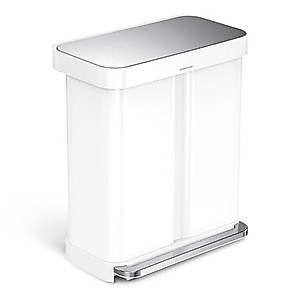 simplehuman Large Kitchen Double Trash Can with Lid, Touchless, Recycle Bin + Waste Basket, 58 Liter / 15.3 Gallon, White Stainless Steel