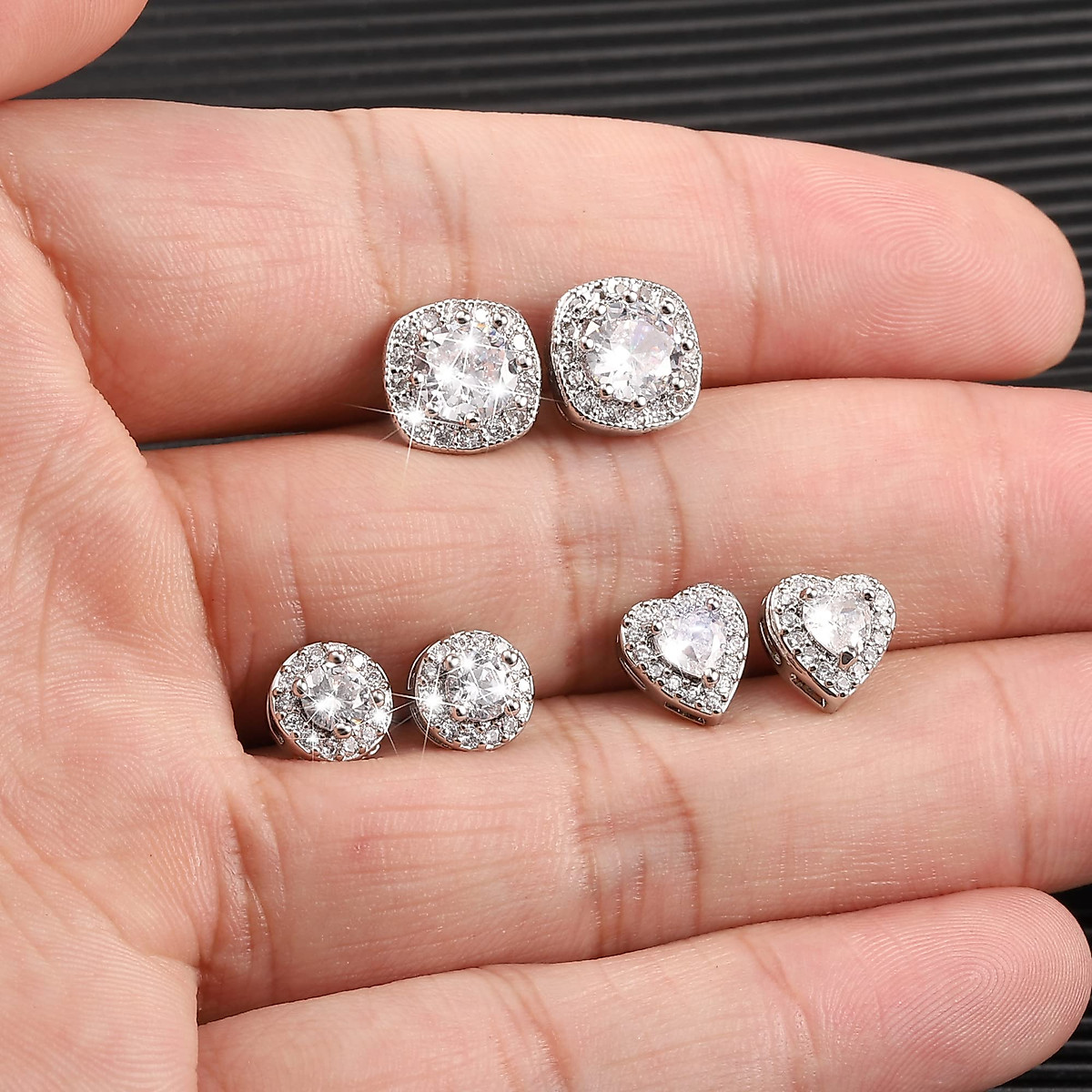 ALEXCRAFT Sterling Silver Halo Stud Earrings for Women Cubic Zirconia Round Heart Square Diamond Large Silver Stud Set 3 Pairs