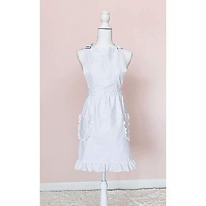 ModParty Apron for Women Ruffle Trim with Pockets Adjustable Straps Retro Kitchen Apron for Baking & Cooking (White)