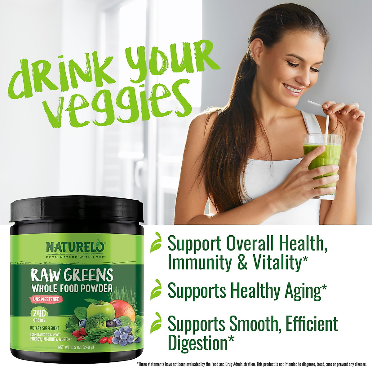 NATURELO Raw Greens Superfood Powder - Unsweetened - Boost Energy, Detox, Enhance Health - Organic Spirulina - Wheat Grass - Whole Food Nutrition from Fruits & Vegetables - 240 Grams