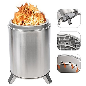 Portable Smokeless Fire Pit with Foldable Legs and Grill, Stainless Steel Outdoor Firepit Wood Burning Bonfire Pit with Carry Bag Safe for Campfire, Cooking, BBQ on Patio Deck Backyard and Beach