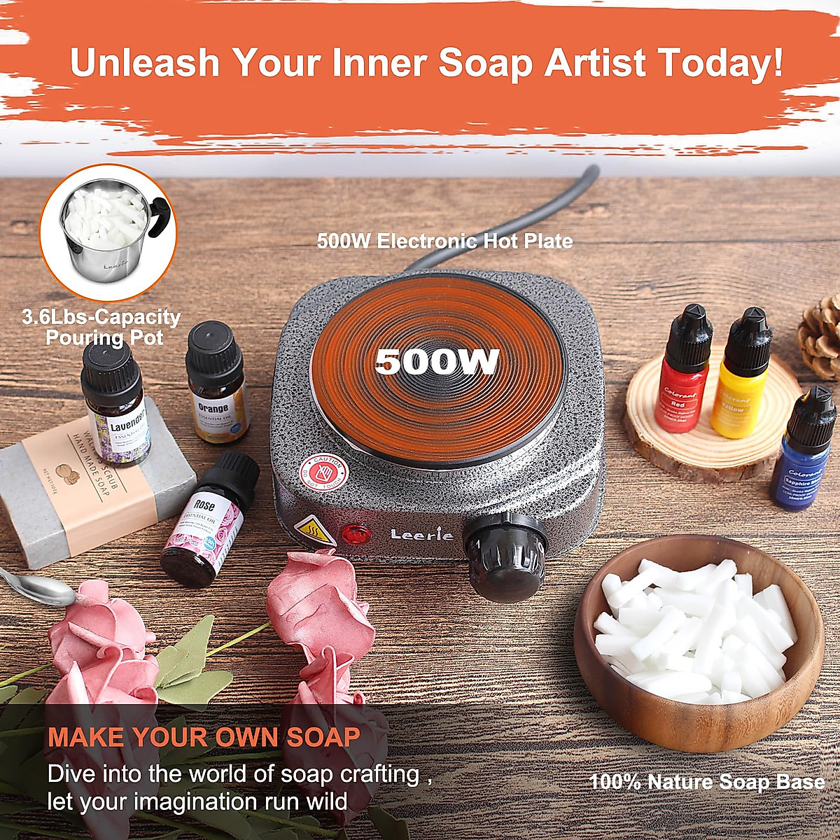 Leerie 3.6Lbs Soap Making Kit with Electronic Hot Plate, 1.6 Lb Glycerin Soap Base, Pouring Pot, Silicon Mold, Spoon,3 Essential Oils for Soap Making,3 Liquid Dyes, Melt & Pour Soap DIY Kits SMK500