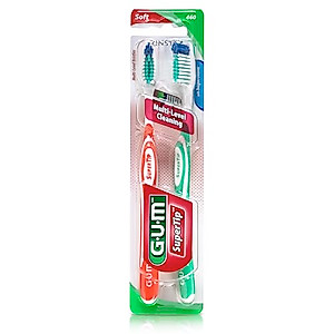 GUM Super Tip Toothbrush, Soft Bristle Toothbrush for Adults with Tongue Cleaner, Compact Head, 2ct