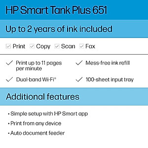 HP Smart -Tank Plus 651 Wireless All-in-One Ink -Tank Printer, up to 2 Years of Ink in Bottles, Auto Document Feeder, Mobile Print, Scan, Copy, Works with Alexa (7XV38A)