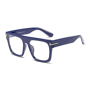 Unisex Stylish Square Non-prescription Eyeglasses Glasses Flat Top Big Eyeglass Frames Large lens Clear Lens Eyewear (Blue)