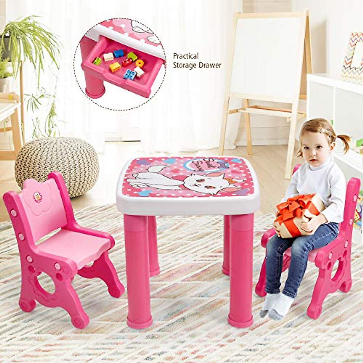 Costzon Kids Table and Chair Set, 3-Piece Toddler Activity Table and Chairs with Storage Drawer, Height Adjustable Chair, Children Desk Furniture Set for Drawing Reading Snack Time Art Craft (Pink)