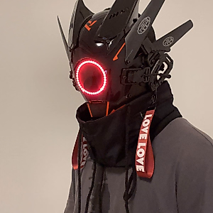 YYINYUAN Futuristic Cyberpunk Mask, Cyber Techwear Helmet Cosplay Costume, Black & Red Led Mask Face Mask Halloween Cosplay Mask for Men, Women (B-H-C-M)