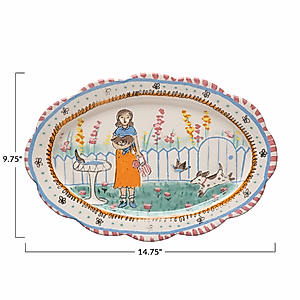 Creative Co-Op Decorative Ceramic Painted Illustration and Scalloped Edge, Multicolor Platter, Multi