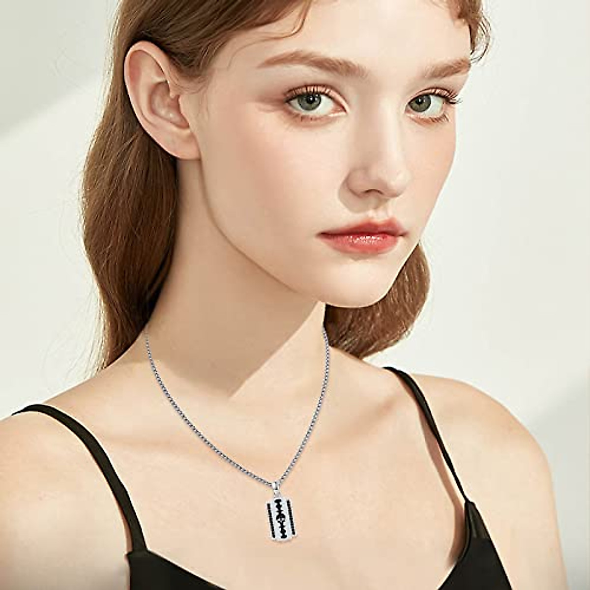 Razor Blade Necklace for Men Women 925 Sterling Silver Skull Punk Black Razor Blade Necklace Dimebag Darrell Gothic Necklace Jewelry Gifts for Father's Day