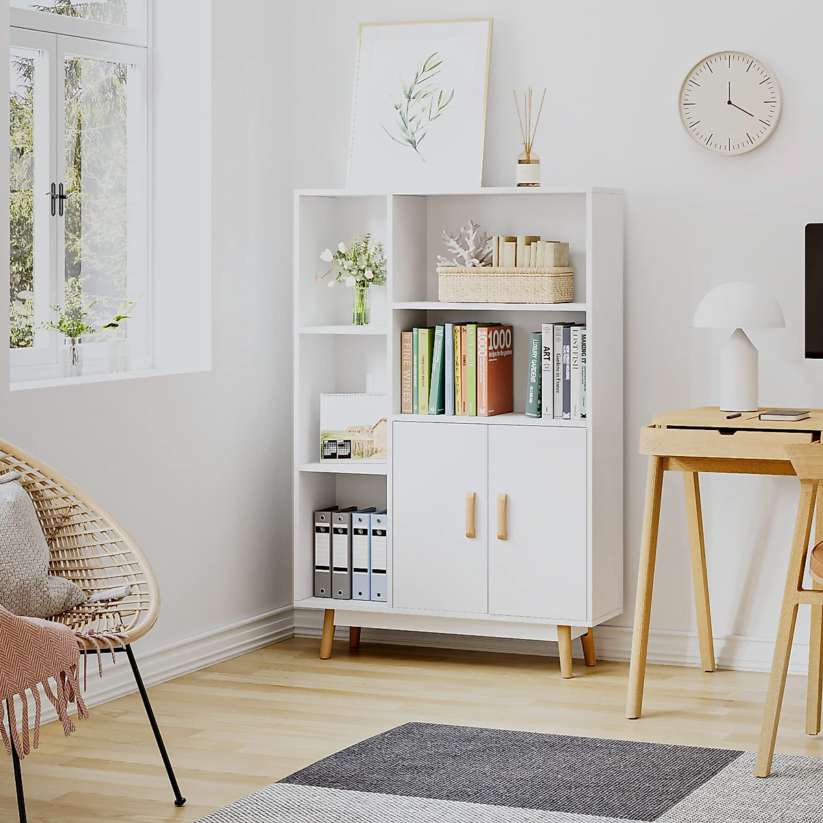 FOTOSOK Floor Storage Cabinet with 2 Shelves and 3 Cubes, Bookcase with Doors, Bookshelf Cabinet with Legs for Kitchen, Living Room and Home Office, White