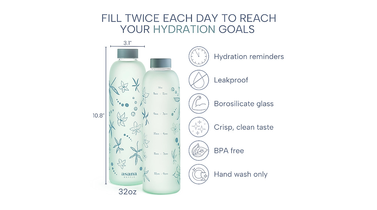 Asana Bottle 32 oz Glass Water Bottle with Time Marker, BPA Free ...