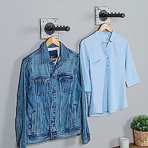 MyGift Wall Mounted Shabby White Washed Wood and Industrial Matte Black Metal Pipe Valet Bar, Clothing Hanger Rack with 4 Garment Hanging Hooks, Set of 2