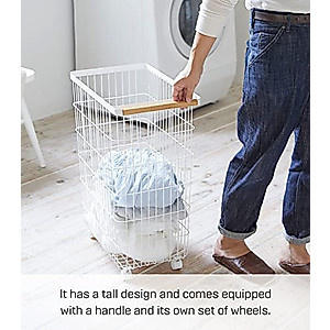 Yamazaki Home Wire Slim Saving Rolling Wheeled Clothing Hamper | Steel + Wood | Laundry Basket, One Size, White & Tower Sanitary Step Trash Can, One Gallon ?€? Small Home Waste Bin