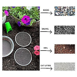 SOIL SIFTER Garden Sieve Sifting - Stainless Sieve,Φ9.5in Interchangeable Pan Contain 3 Specification Sieve,Soil Scoops Dirt for Soil,Peat Moss and More., Silver