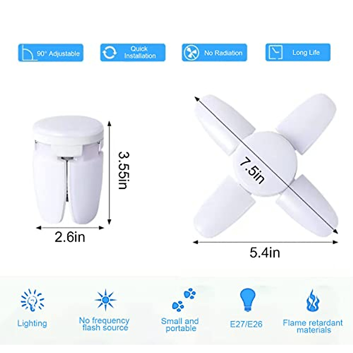 2-Pack Mini LED Garage Light, 40W Deformable LED Garage Ceiling Lights with 4 Adjustable Panels, LED Shop Light 4000LM 6500K LED Bulb Light E27/E26 Garage Light for Workshop,Indoor,living room