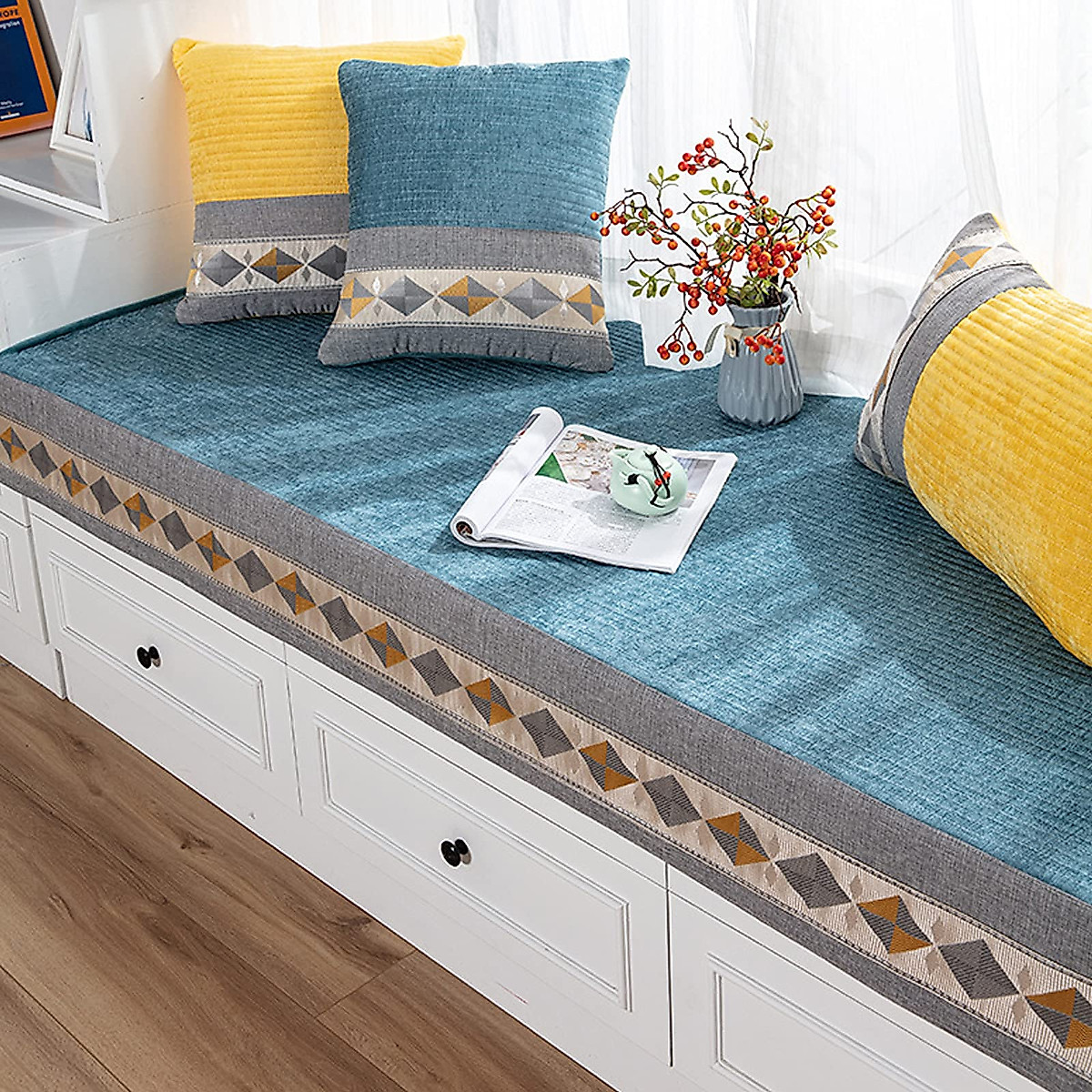 CAMAL Bay Window Seat Cushions Indoor, Non-Slip Chenille Window Seat Cushions Indoor, Rustic Farmhouse Window Sill Mat Bench Seat Cover for Sofa Bedroom Living Room - 27.55" x 82.67", Green-B