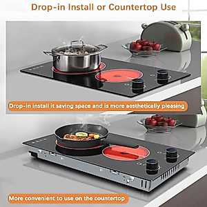 Karinear 110V Electric Cooktop 2 Burners Electric Stove 12 Inch Knob Control Countertop & Built-in Ceramic Cooktop, 9 Heating Level, Hot Warning, Over-Temperature Protection(Black Knob)